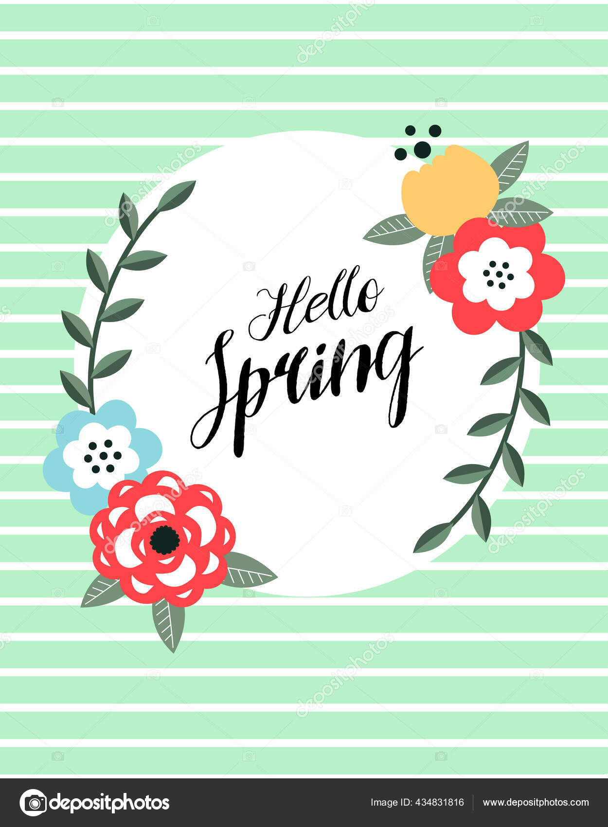 Hello Spring Circle Frame Greeting Card Hello Spring Text Middle Stock ...