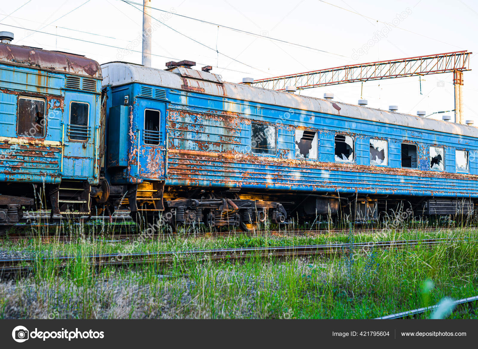 Old Rusty Abandoned Blue Passenger Cars Spare Track Railway Stock Photo ...