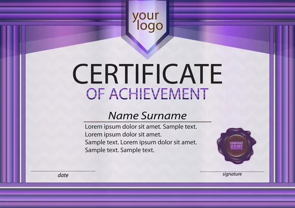 Purple certificate or diploma template with wax seal. Purple frame. The ...