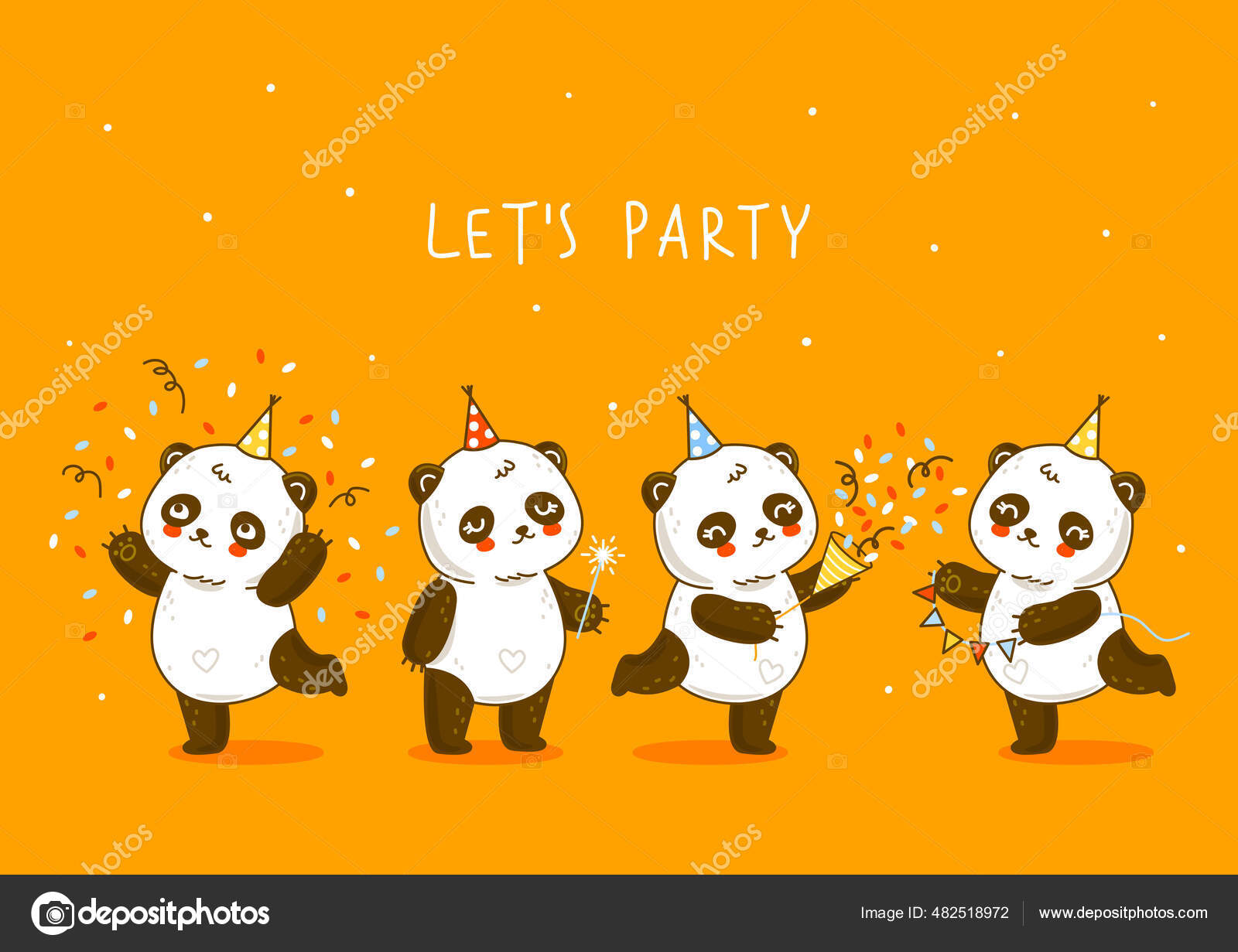 Cute Panda Bears Border Orange Background Cartoon Characters Birthday ...