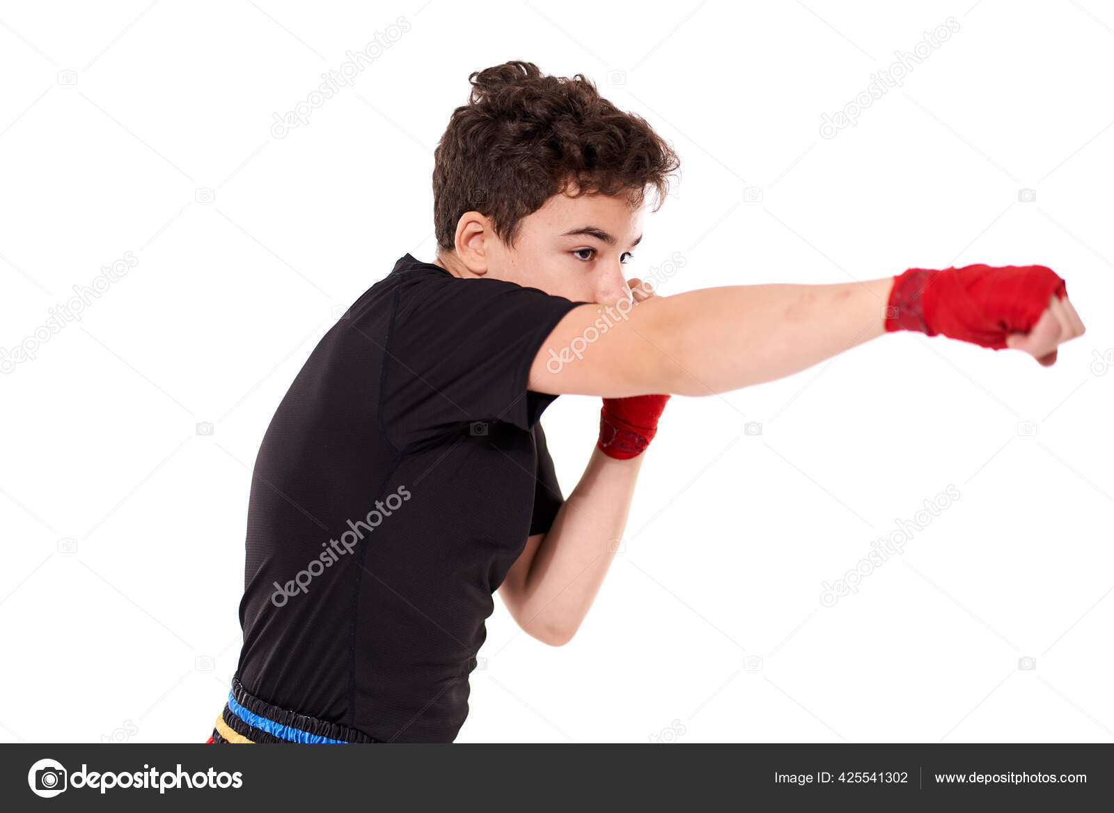 Young Kickboxer Training Shadow Boxing Isolated White Background ...