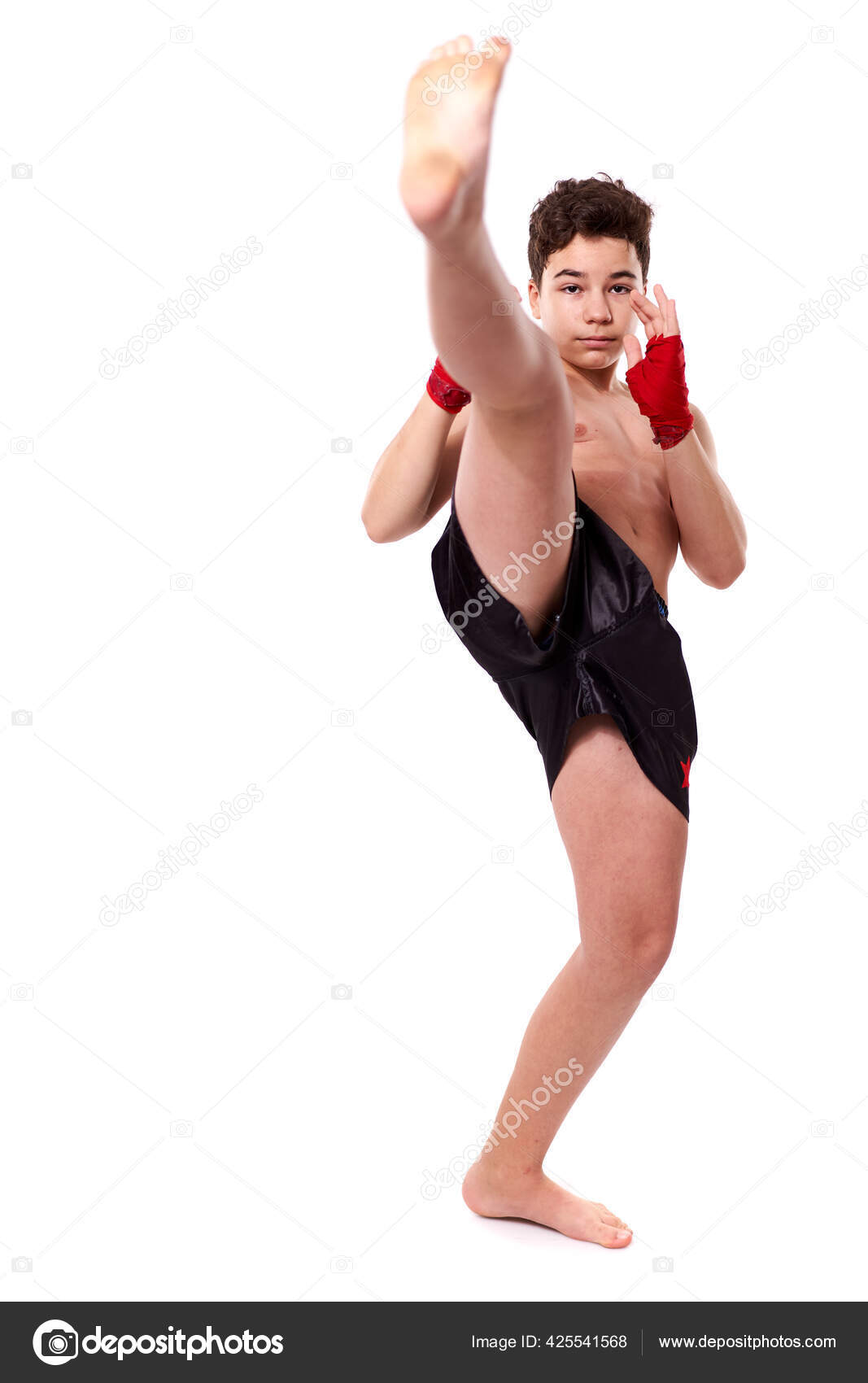 Young Kickboxer Training Shadow Boxing Isolated White Background Stock ...