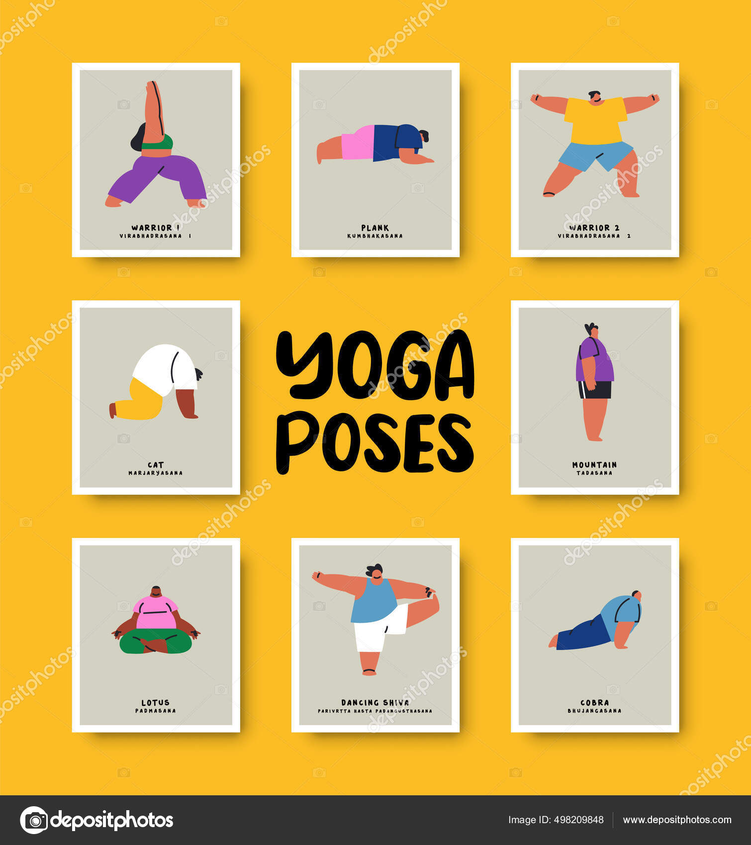 Set Different Yoga Pose List Names Funny Young People Cartoon Stock ...