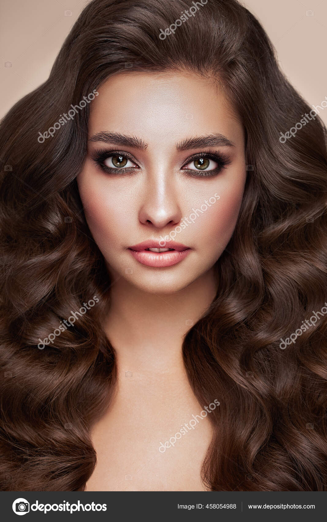 Brunette Girl Perfect Makeup Smiling Beautiful Model Woman Long Curly