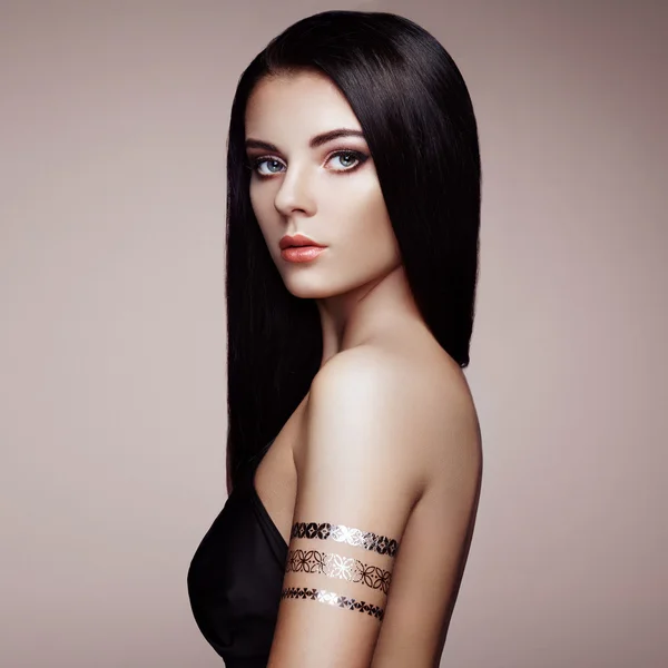 Portrait Of Beautiful Brunette Woman With Earring Perfect Makeu Stock