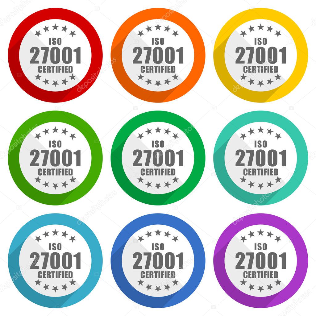 Iso 27001 iconos vectoriales, conjunto de botones de diseño plano de ...