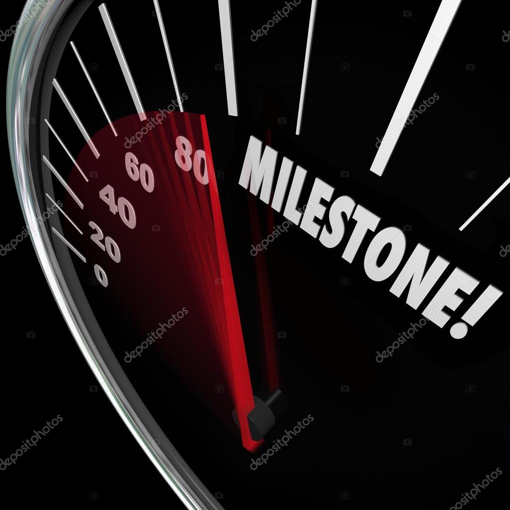 Milestone word on a speedometer with needle reaching the turning point ...