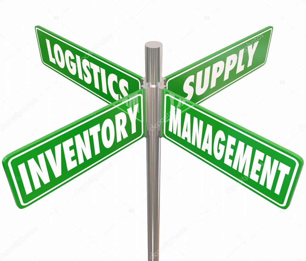 Inventory, Management, Logistics and Supply words on 4 green road signs ...
