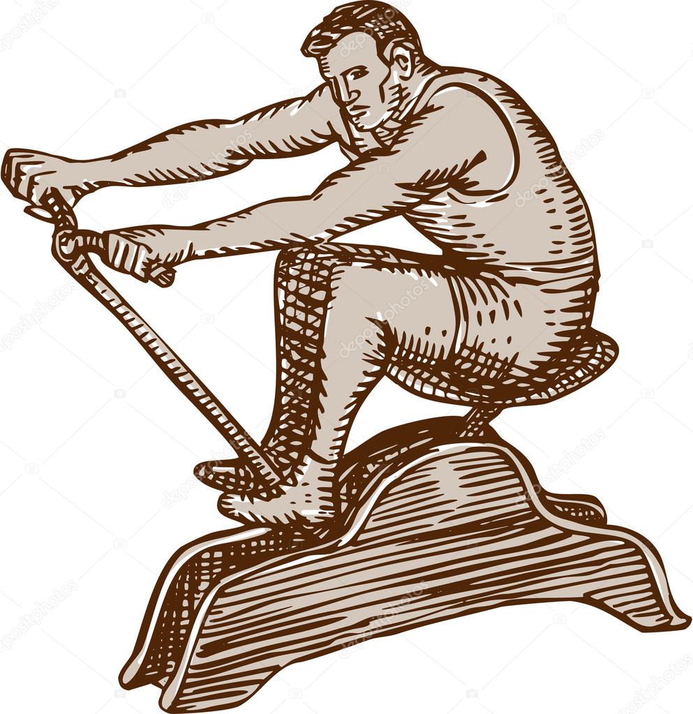Athlete Exercising Vintage Rowing Machine Etching Stock Vector Image by ...