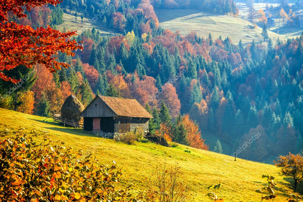 Colorful autumn landscape in the mountain village — Stock Photo ...