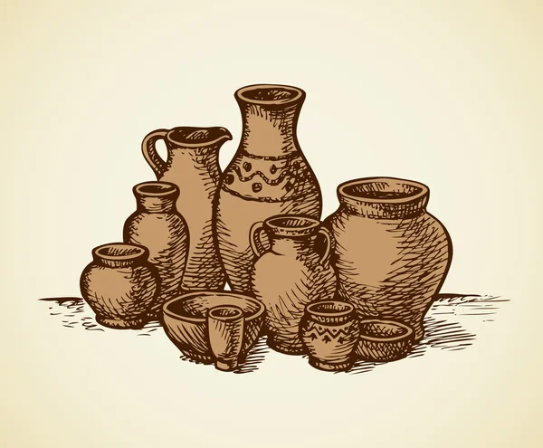 Clay pots of different sizes and shapes. Vector sketch Stock Vector ...