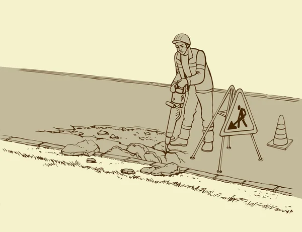Vector drawing. Roadworks. Construction worker with jackhammer — Stock ...