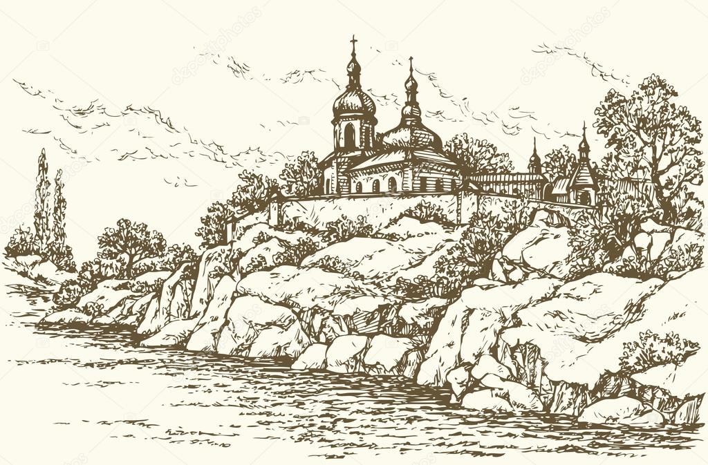 Monastery on the river. Vector drawing Stock Vector Image by ©Marinka ...