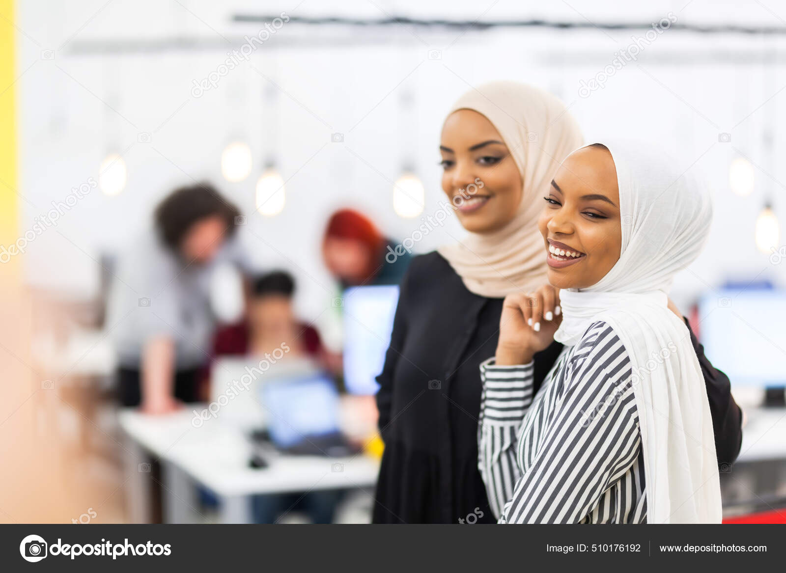 Two African American Muslim Female Colleagues Hijab Modern Office Space ...