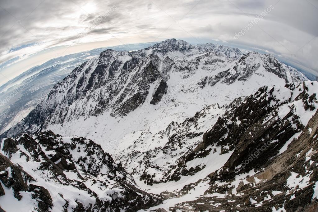 Panorama of Snow Mountain Range Landscape with fisheye lens Stock Photo ...