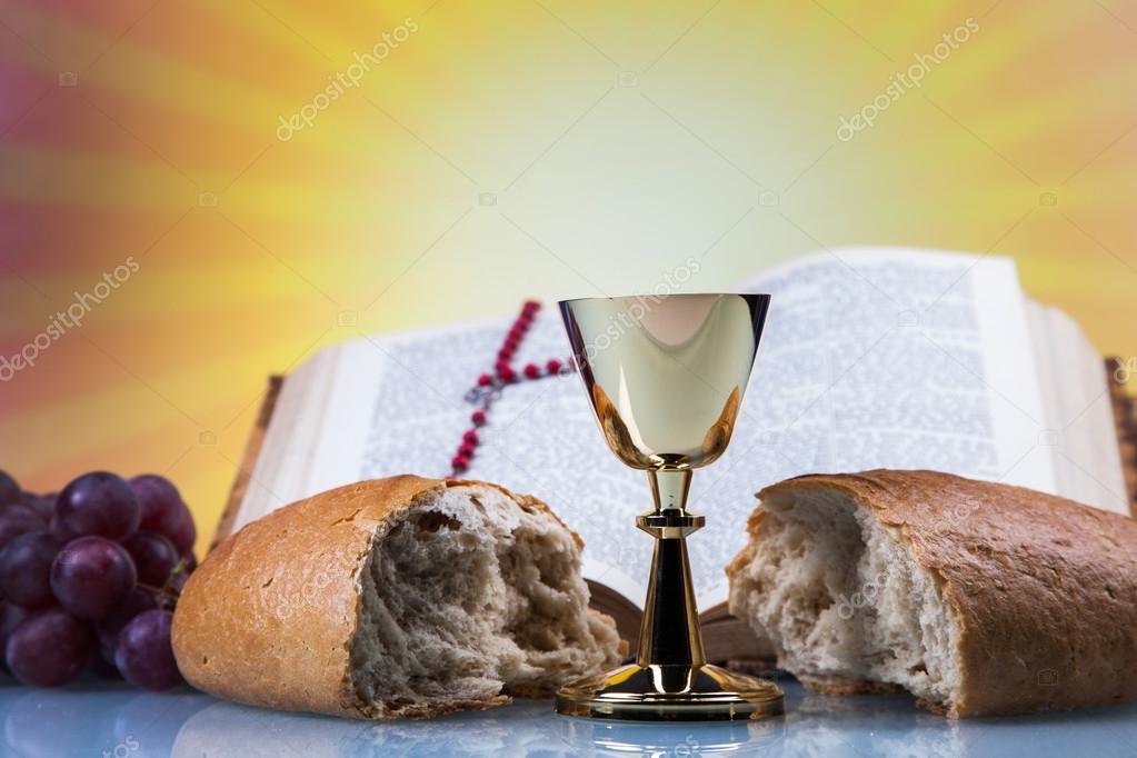 Christian religion, wine, bread and the word of God Stock Photo by ...