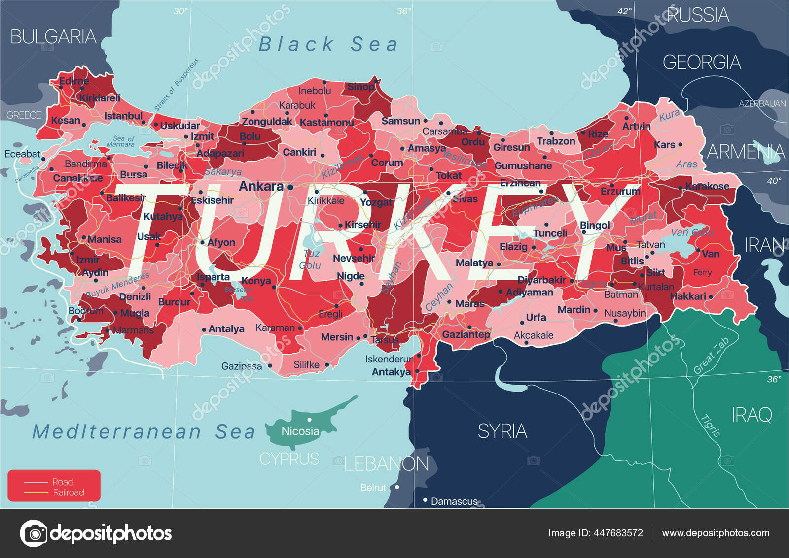 Turquía país mapa editable detallado Vector de stock #447683572 de ...