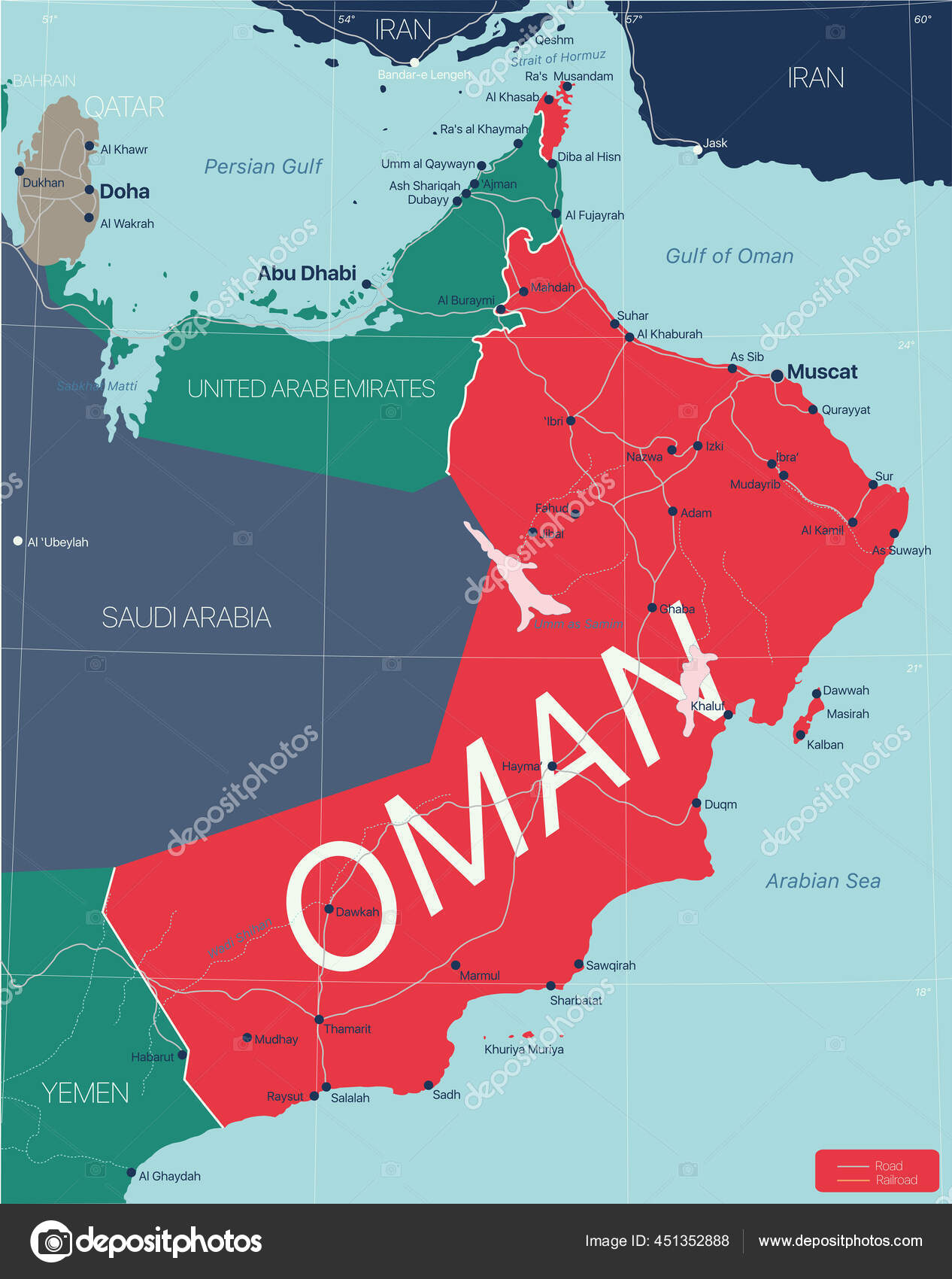 Oman country detailed editable map Stock Vector by ©olinchuk 451352888