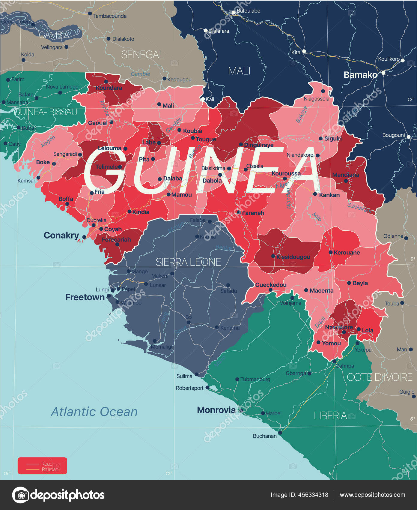 Guinea country detailed editable map Stock Vector by ©olinchuk 456334318