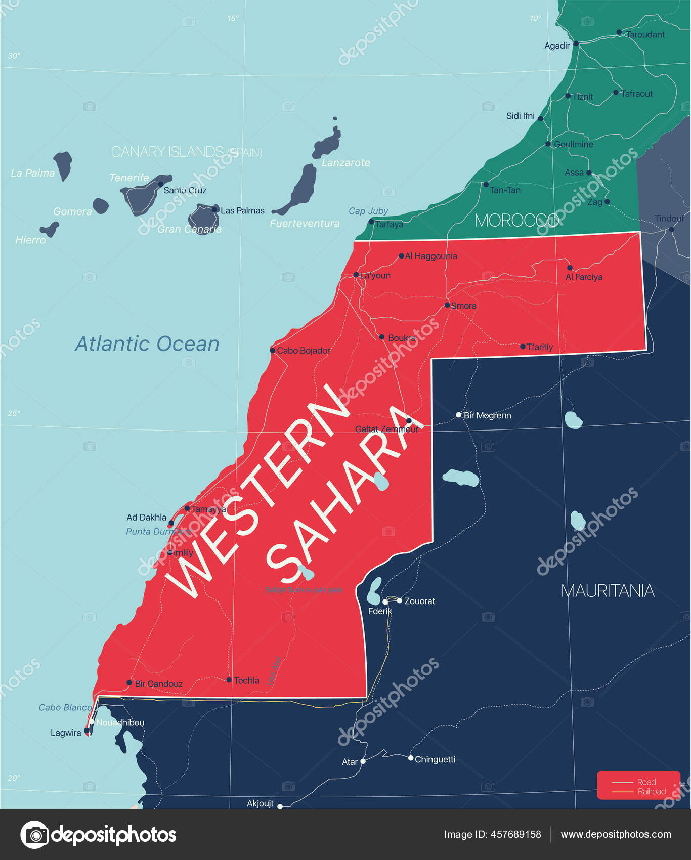Sahara Occidental mapa editable detallado Vector de stock #457689158 de ...