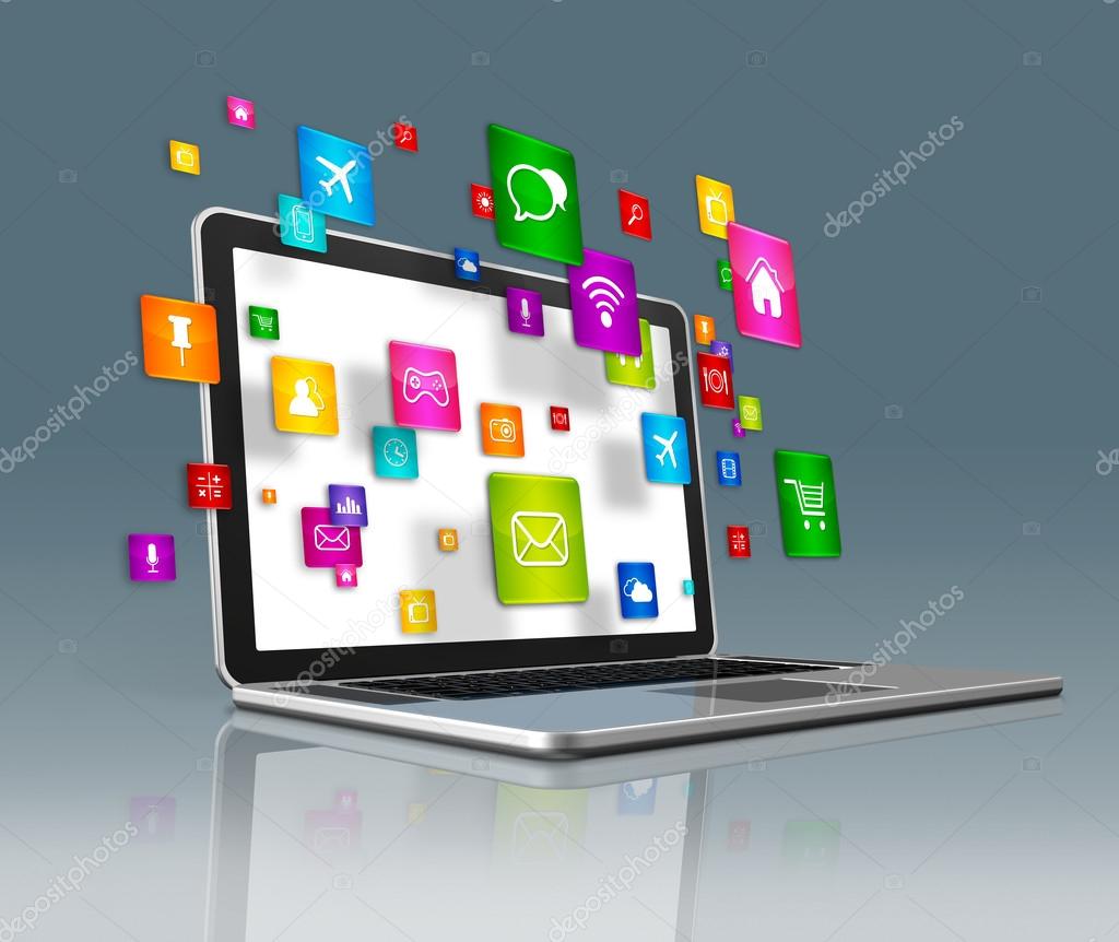 Laptop Computer and flying apps icons on a futuristic background Stock ...