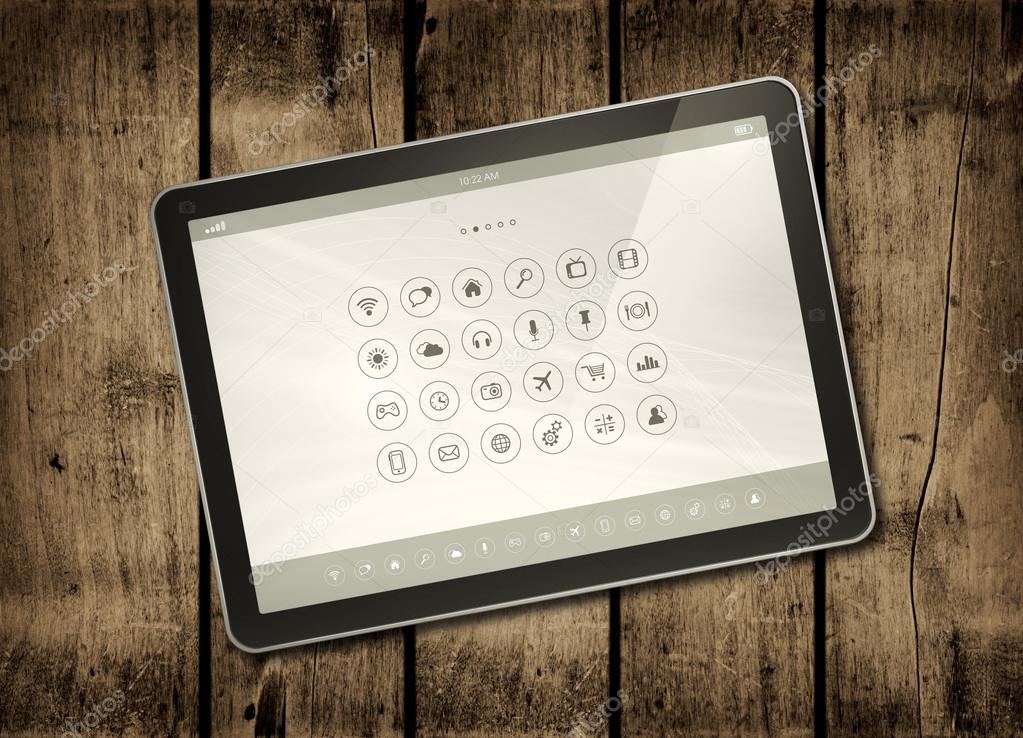 Digital tablet PC on a dark wood table — Stock Photo © daboost #82837230