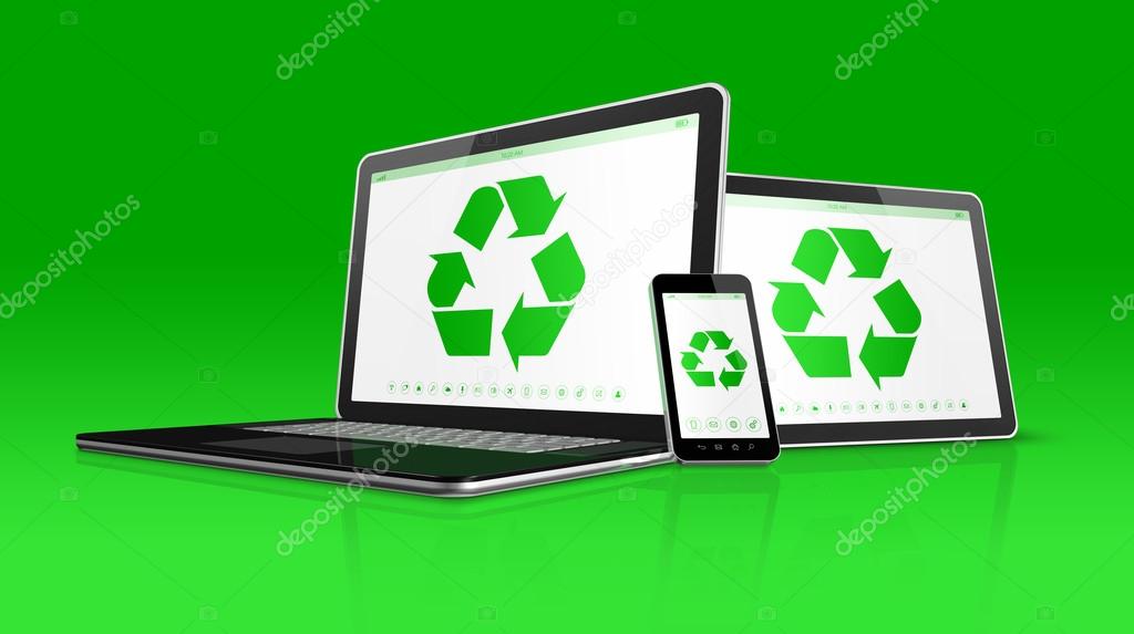 Laptop tablet PC and smartphone with a recycle symbol on screen ...