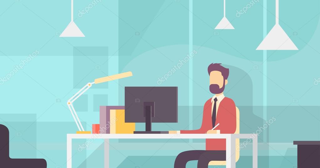 Business Man Sitting Desk Working Desktop Computer Stock Vector Image By ©mast3r 106733592