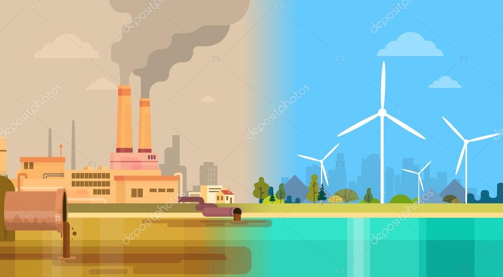 Clean And Polluted Dirty City Environmental Green Energy Concept Wind ...