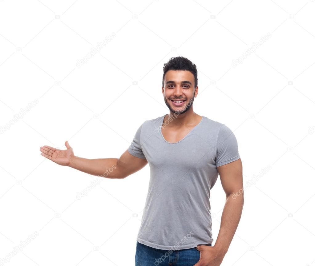 Casual Man Open Palm Gesture To Copy Space — Stock Photo © mast3r #115014960