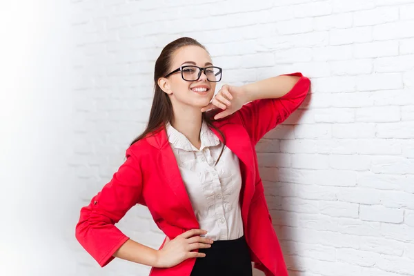 Businesswoman Happy Smile Wear Red Jacket Glasses Stock Image