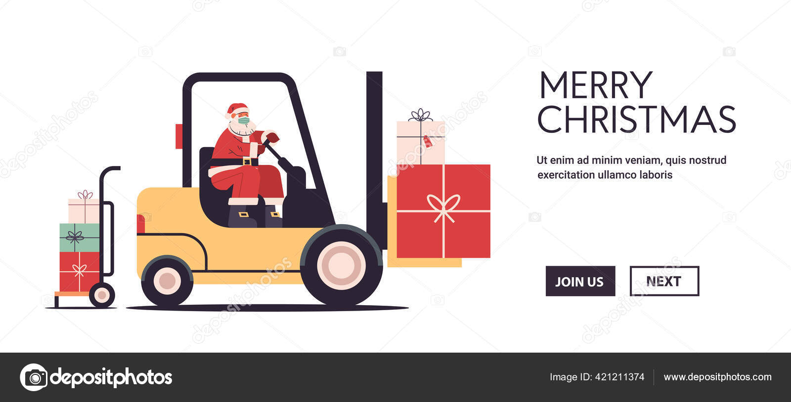 Santa claus driving forklift truck loading colorful gifts merry ...