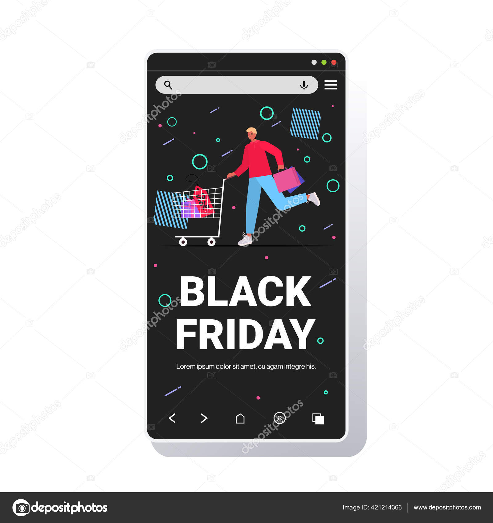 Man pushing trolley cart with shopping bags black friday big sale ...