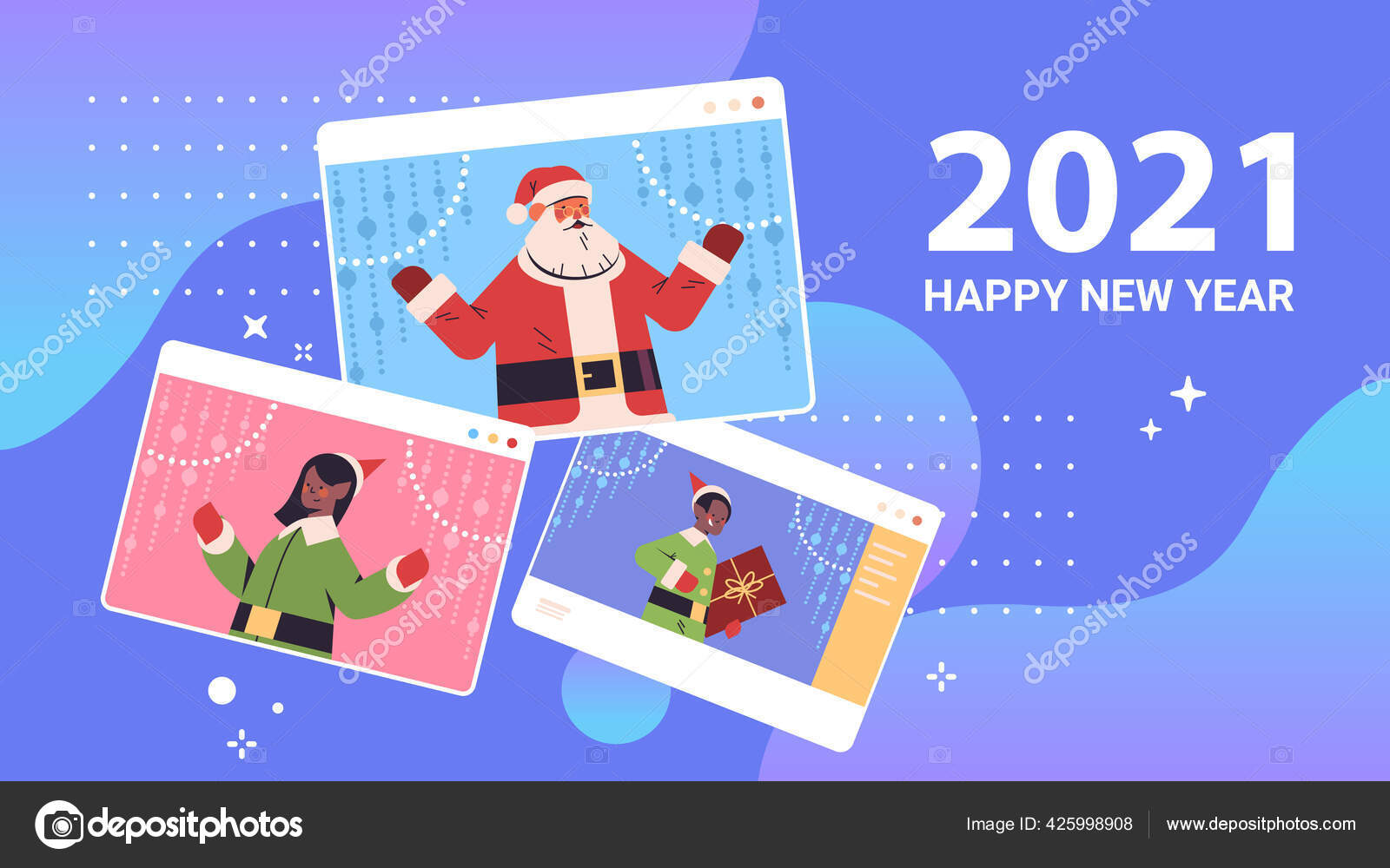 Santa claus with elves in web browser windows happy new year merry ...