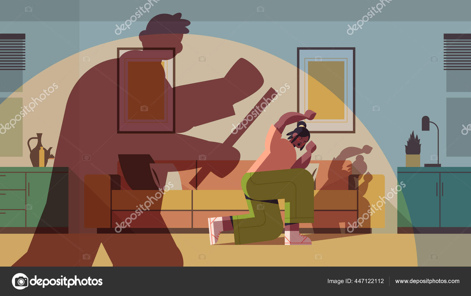 Shadow of angry husband punching and hitting wife stop domestic ...