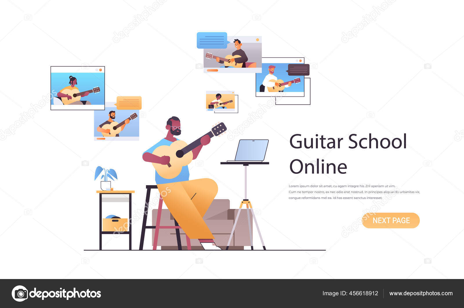 Man playing guitar with mix race people in web browser windows during ...