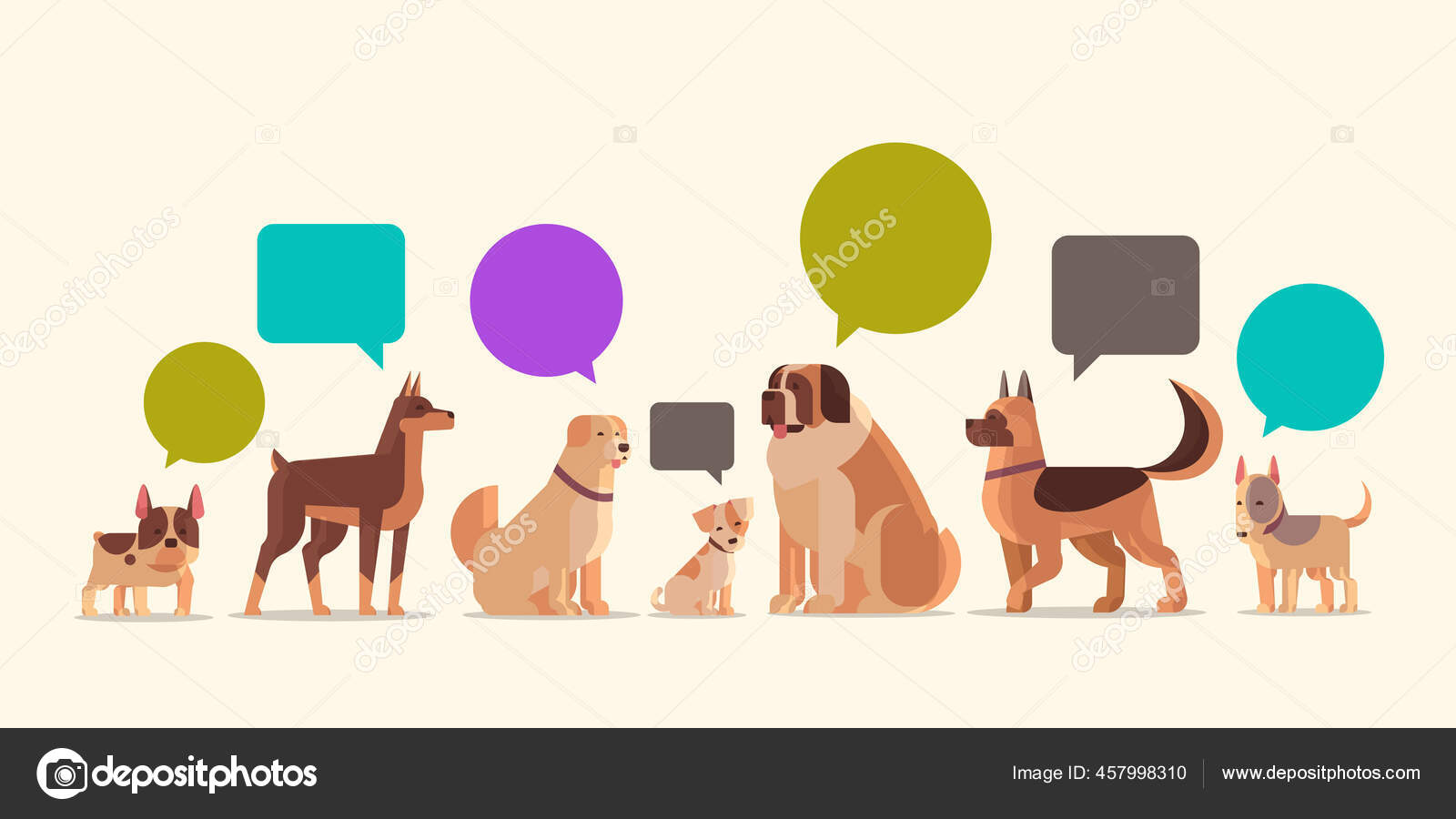 Group of purebred dogs with chat bubble speech furry human friends home ...