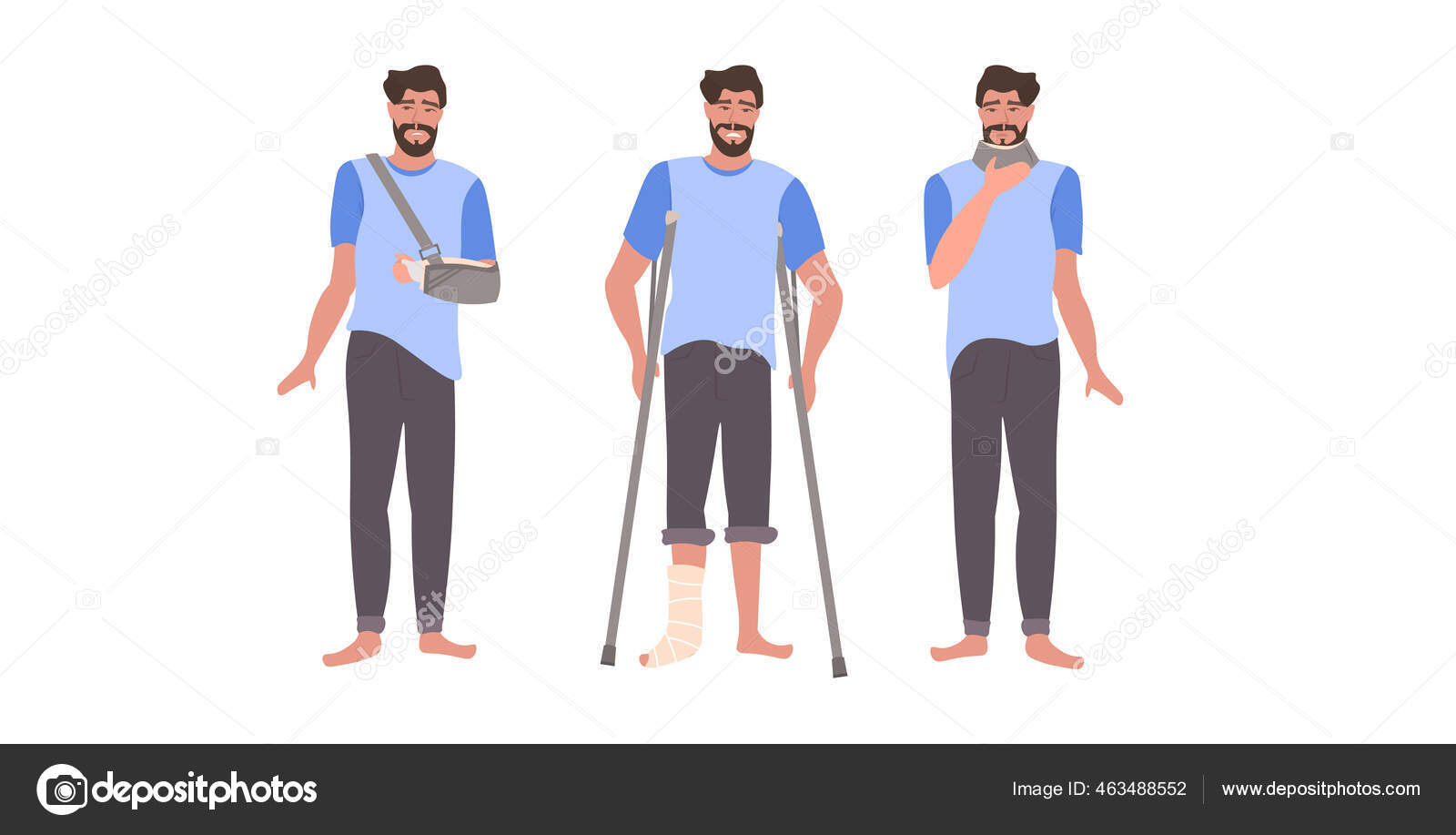 Set man with injuries fracture of leg arm and neck damage guy with gypsum and fixing collar ...
