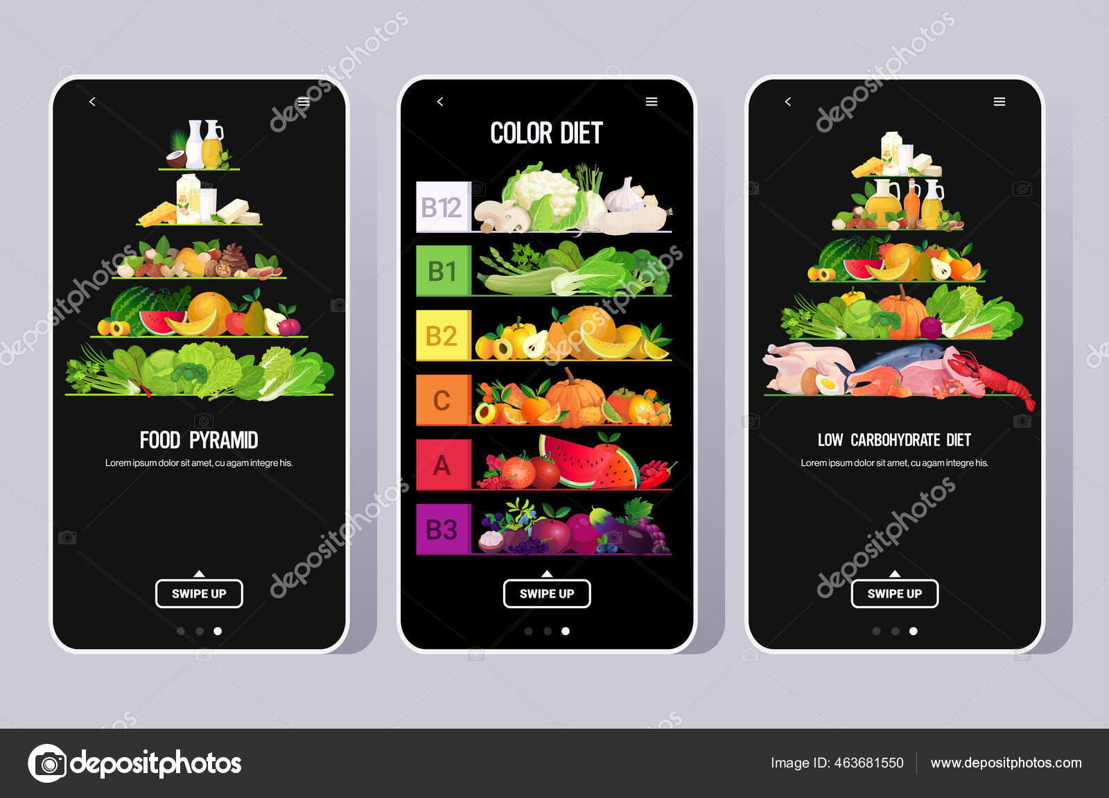 Set food drink pyramid eat rainbow different organic fruits herbs ...