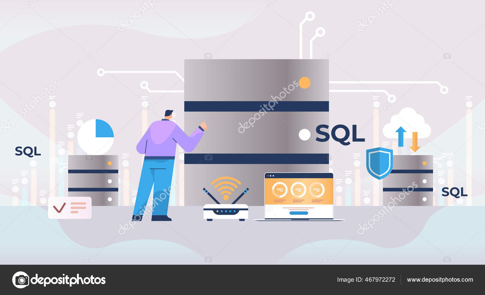 Administrador masculino que trabaja con dataserver SQL estructurado consulta concepto de ...