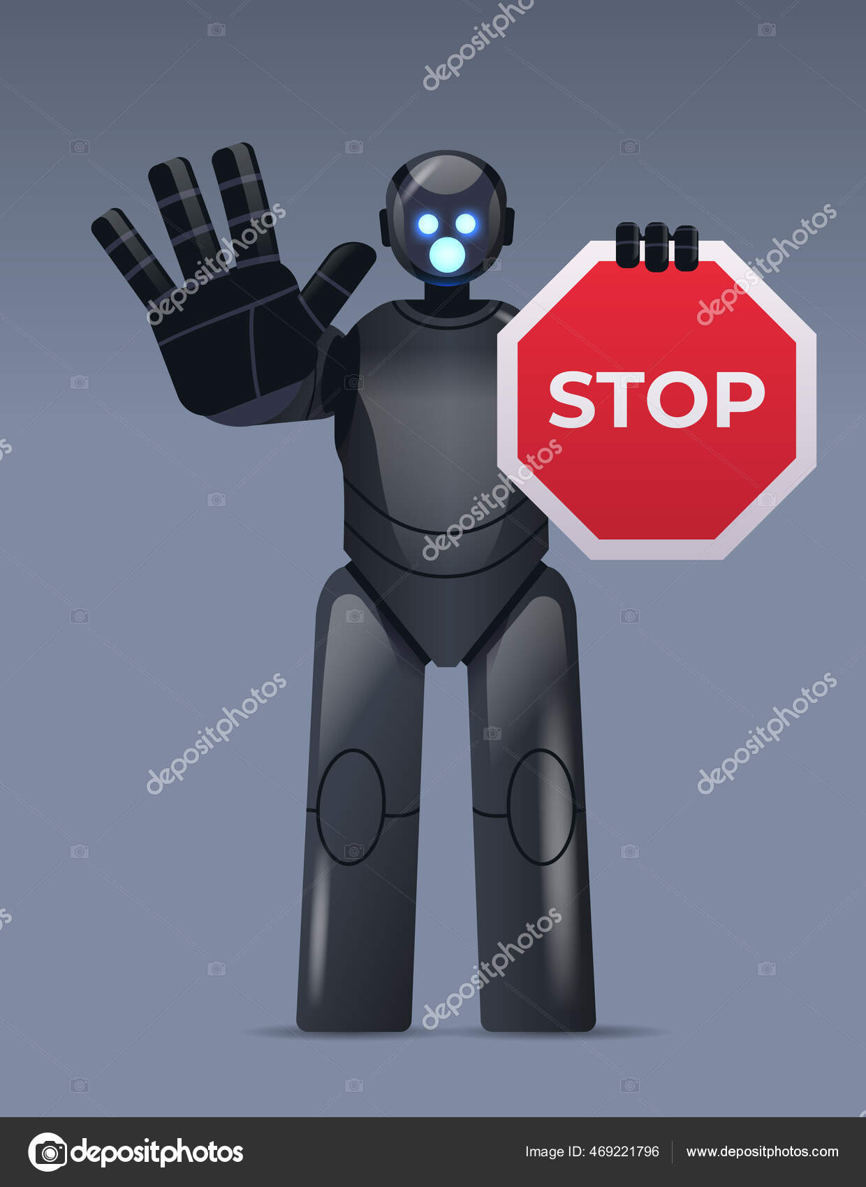 Robot cyborg holding red stop sign robotic character showing no entry ...
