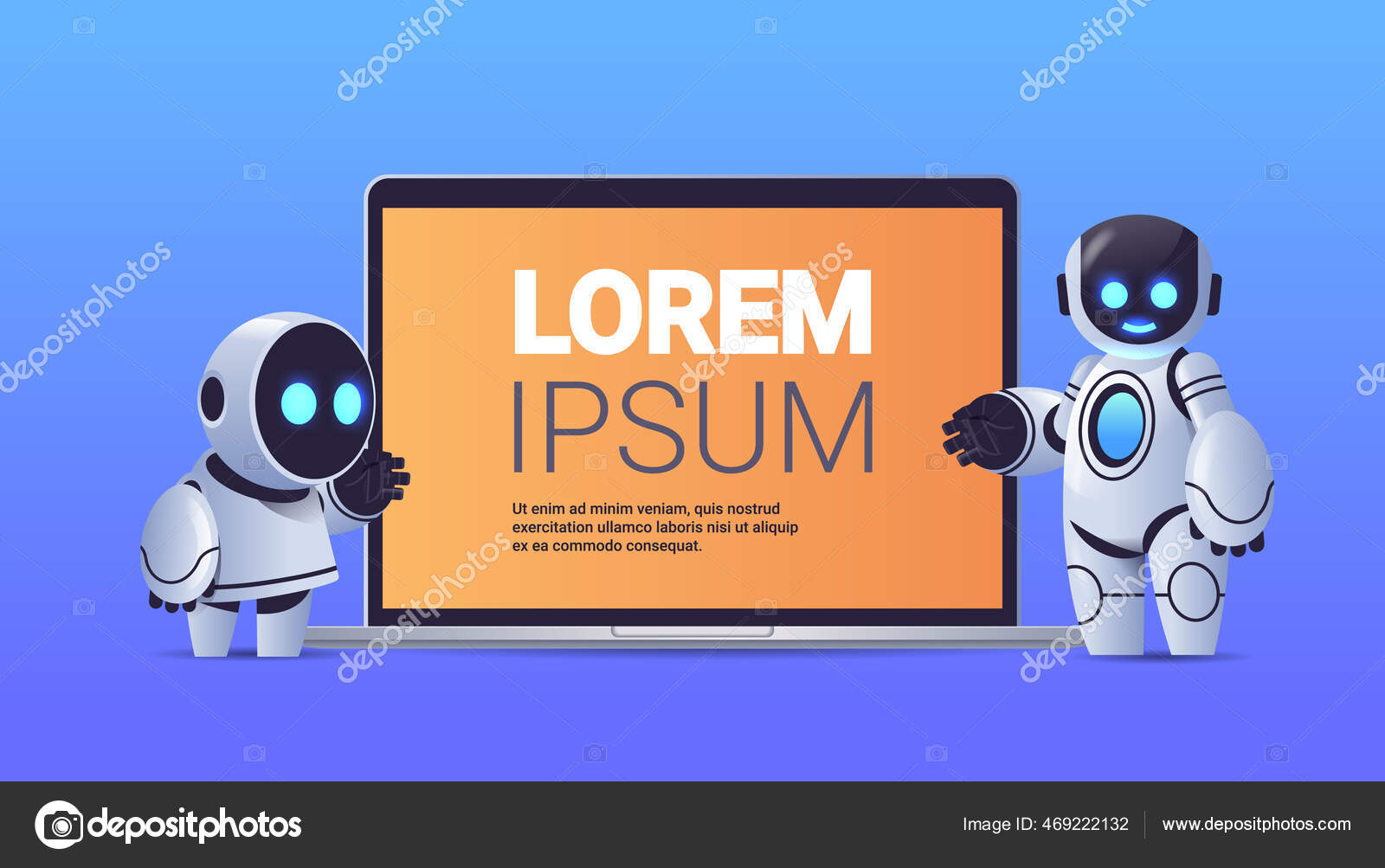 Modern robots couple standing near laptop with blank screen robotic ...