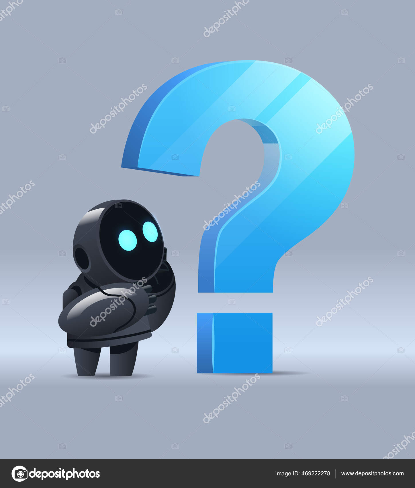Frustrated robot cyborg standing near question mark help support ...