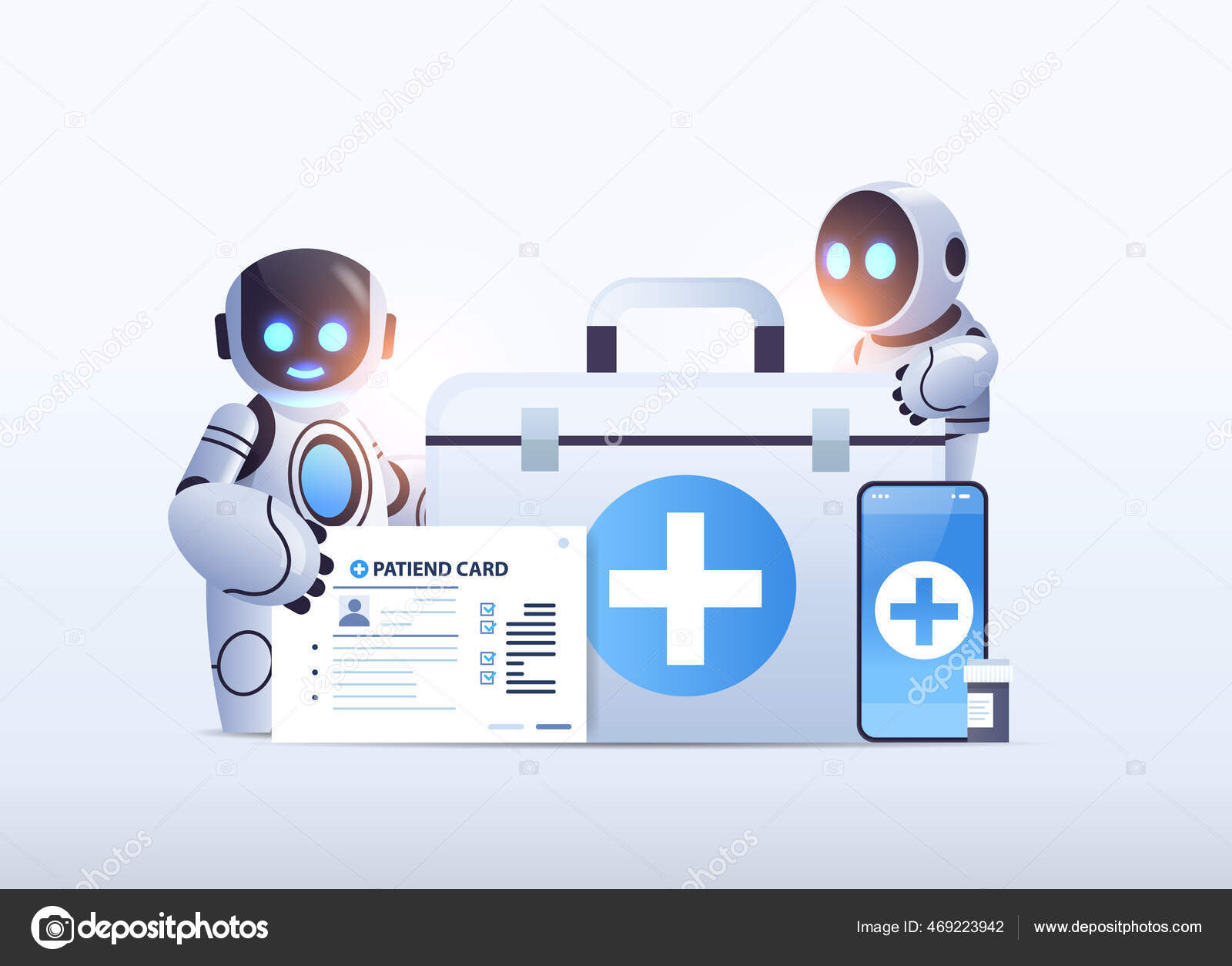 Robotic doctors with first aid medical kit and patient card healthcare ...