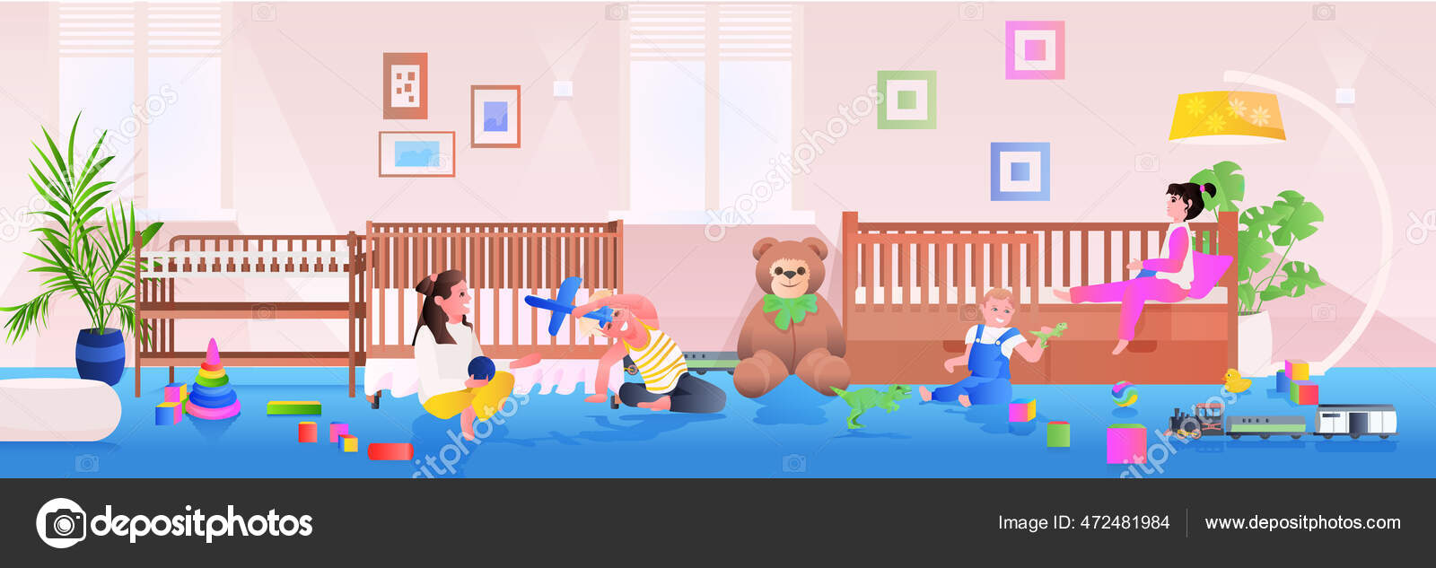 Little children playing at at home or kindergarten childhood concept ...