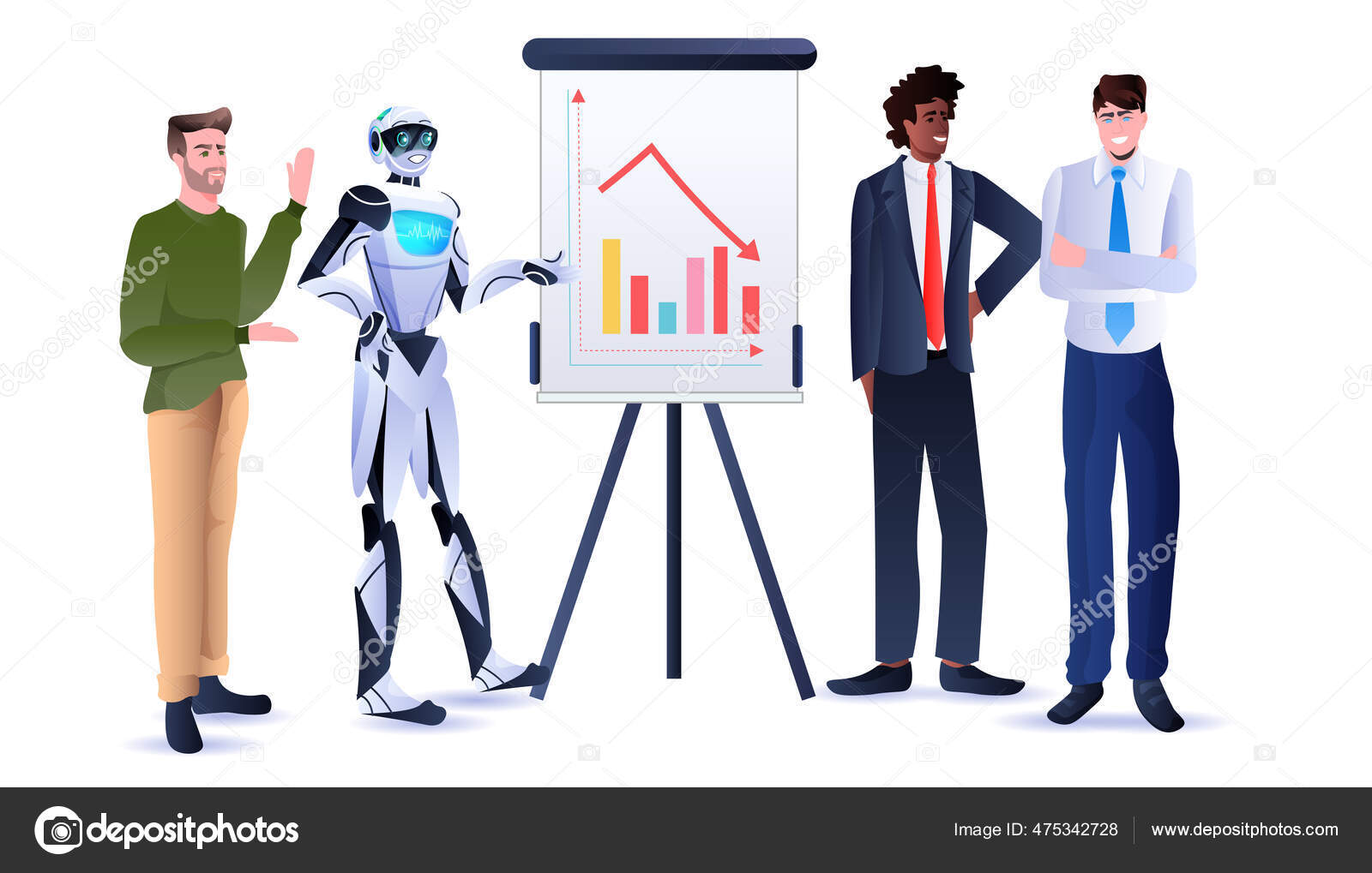 Mix race businesspeople with robot analyzing financial statistics on flip chart data analysis ...