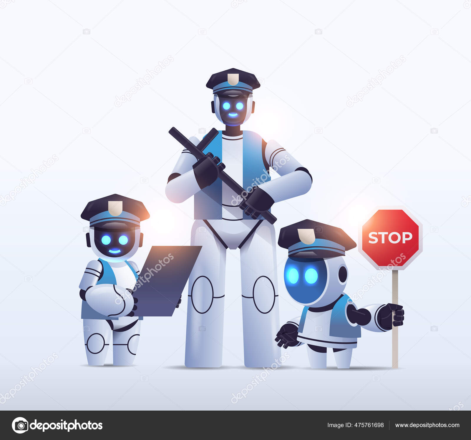 Police robots patrol cops in uniform standing together artificial ...