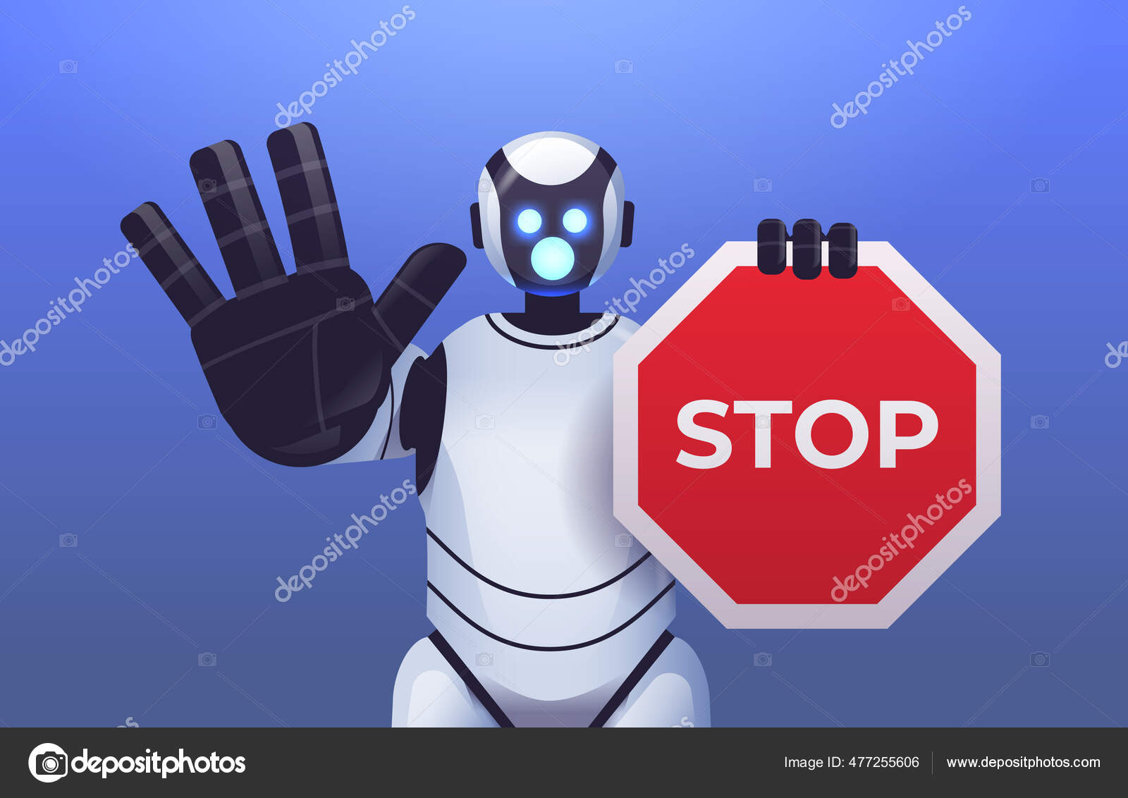 Robot cyborg sosteniendo rojo stop signo robótico carácter mostrando ningún gesto de mano de ...