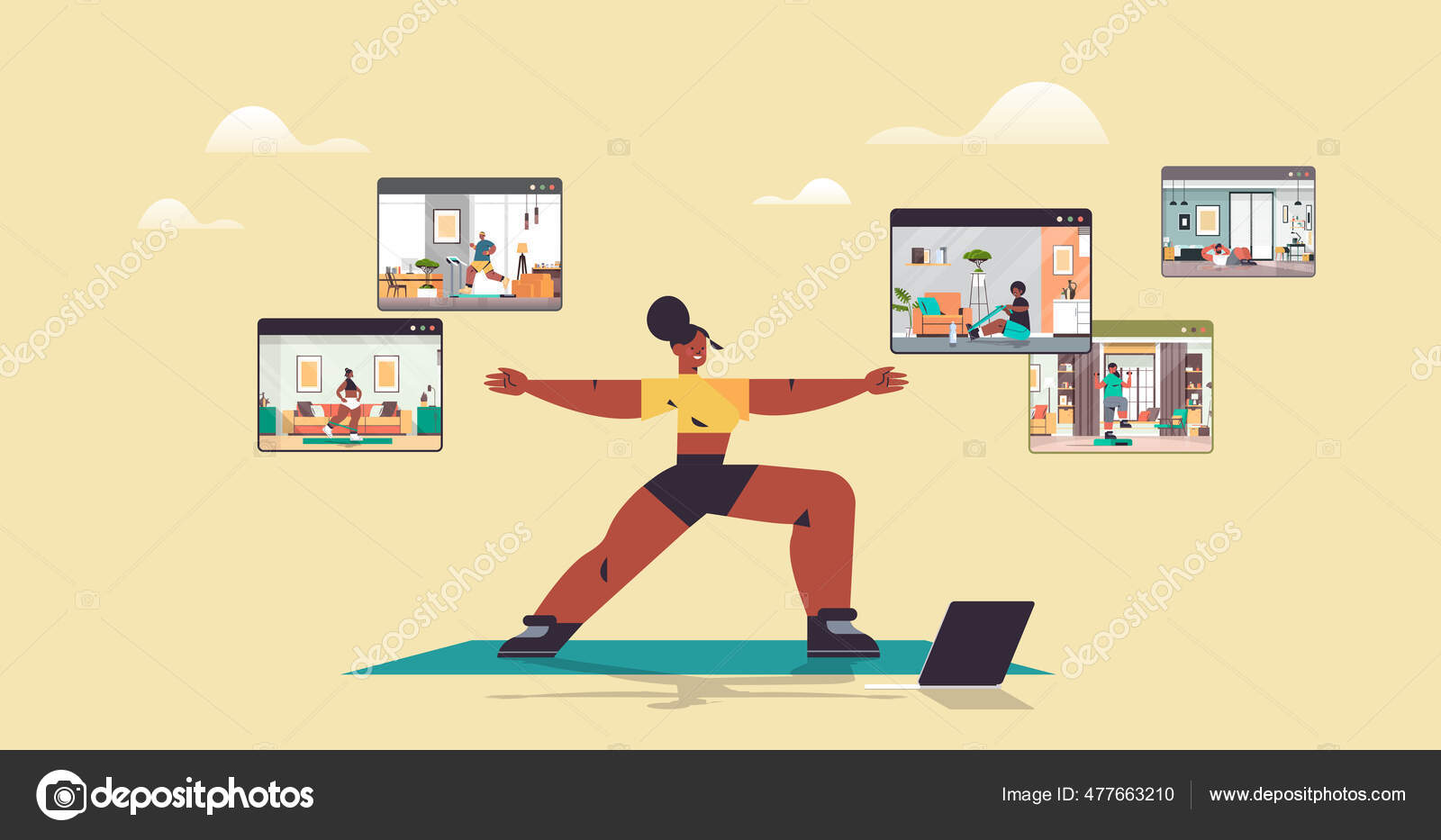 Woman doing stretching exercises mix race people in web browser windows ...