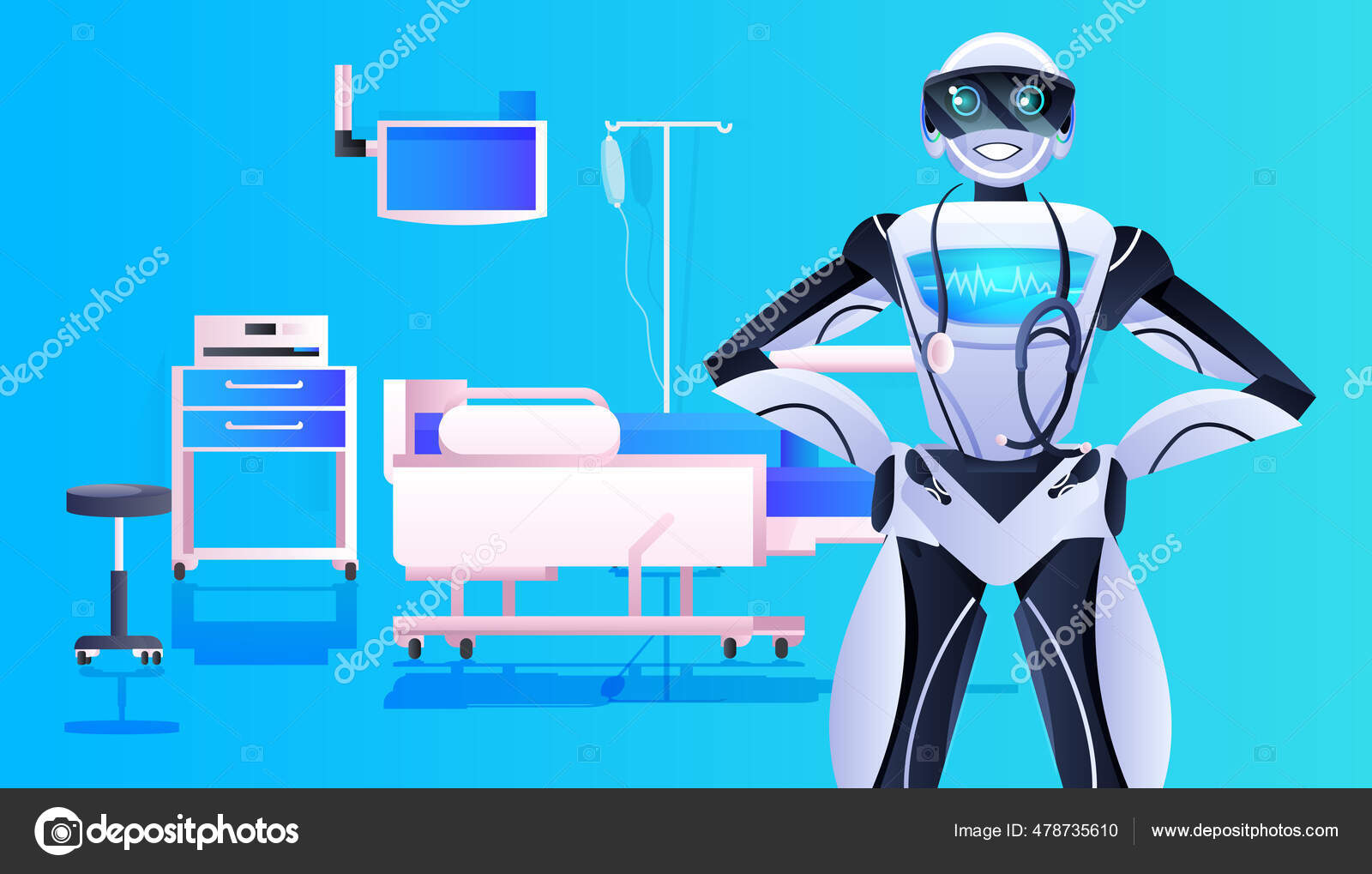 Robot doctor with stethoscope modern hospital clinic ward interior ...